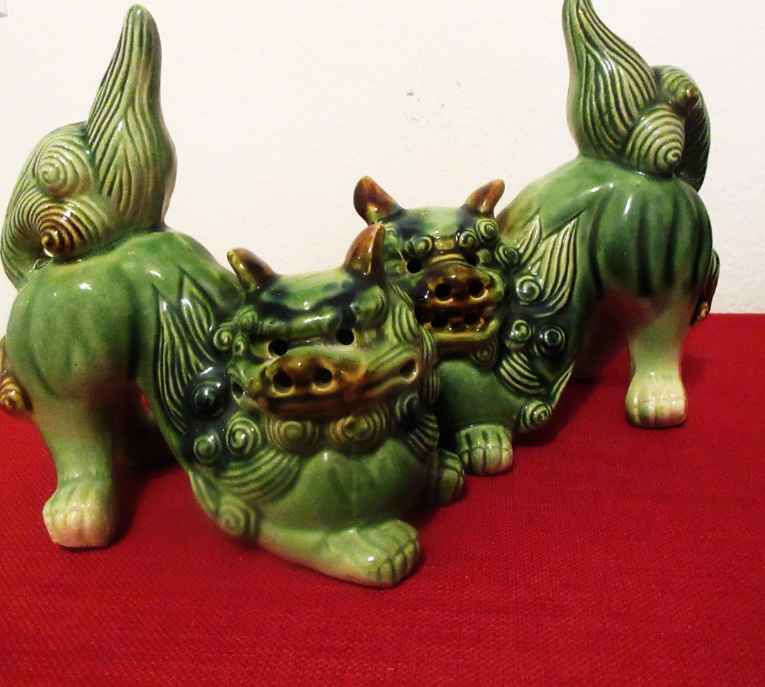 Large Foo Dogs Male and Female Statues Green and Tan - Etsy