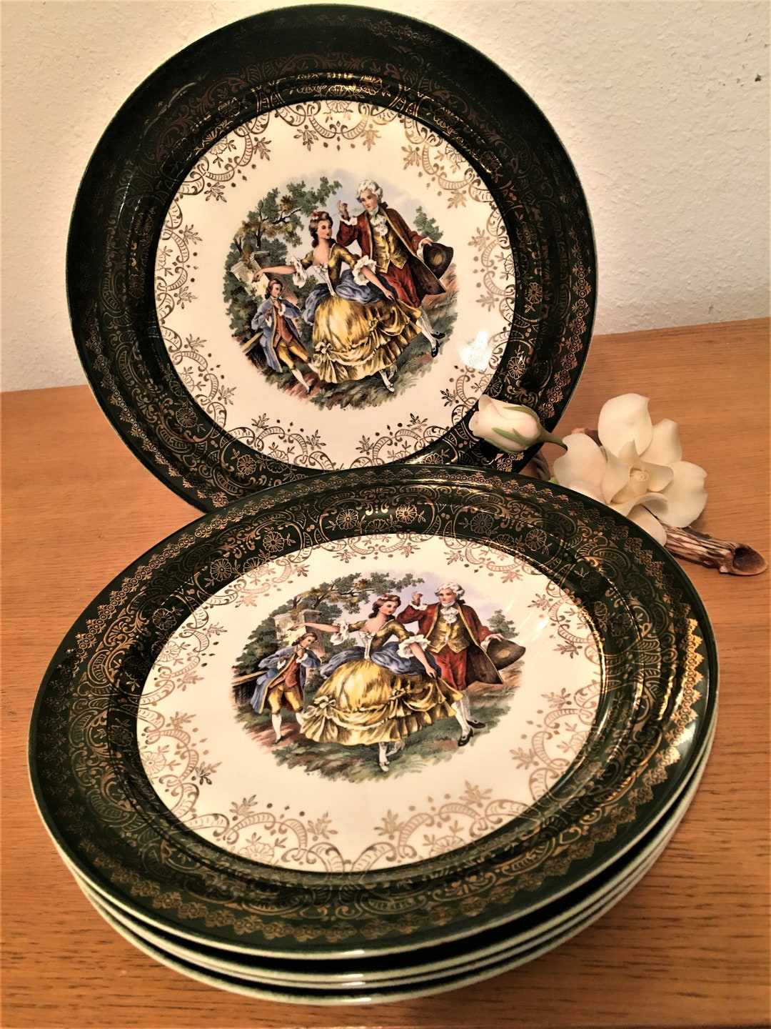 Set of 5 Vtg. Taylor Smith Taylor Dinner Plates Colonial Couple Green ...