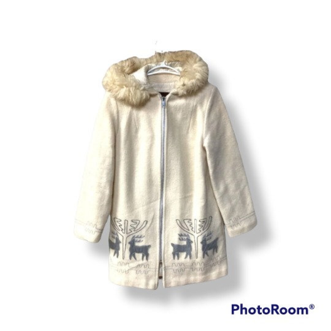 Vintage Sears White Wool Reindeer Appliqué Faux Fur Hood Coat Canada ...