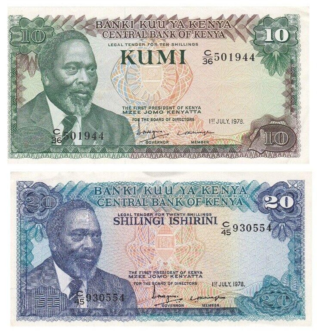 Kenya Lot of 2 Paper Banknotes 10 & 20 Shillings Jomo Kenyatta ...