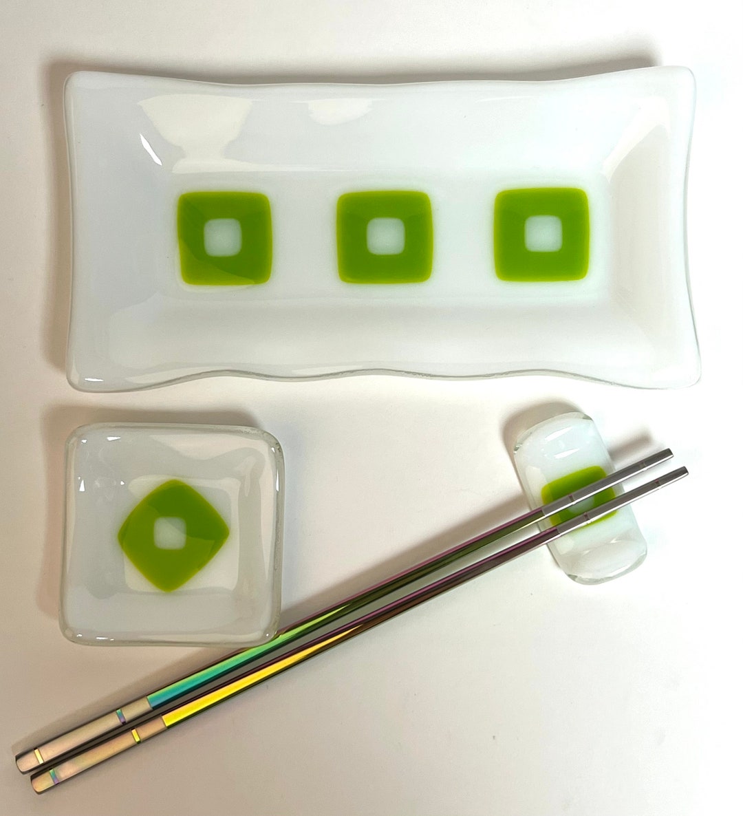 Fused Glass Sushi Dish Set - 3pcs + Chopsticks, White With Green ...