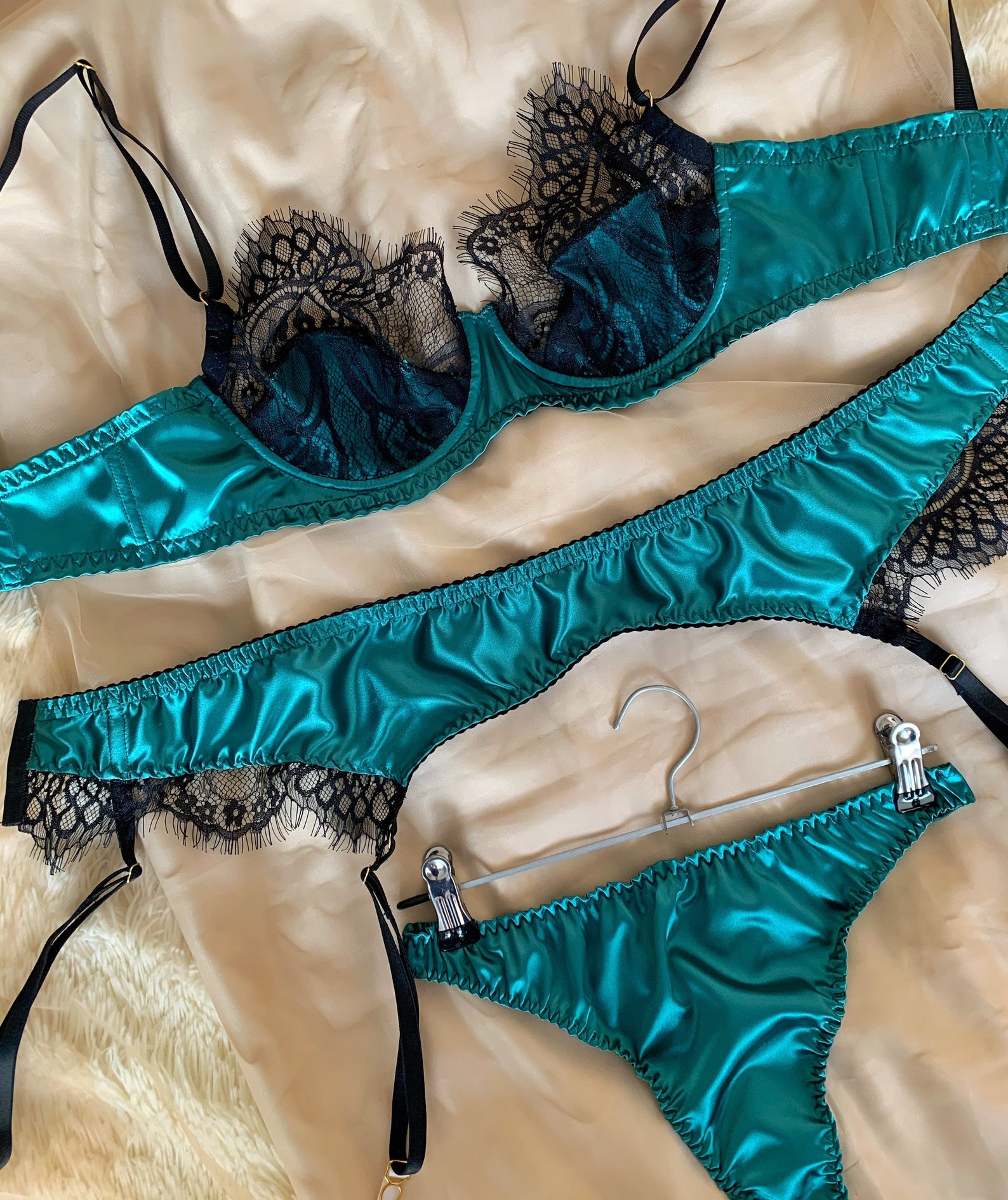 Green Lingerie Set Lace Lingerie Set Silk Bra Emerald Etsy