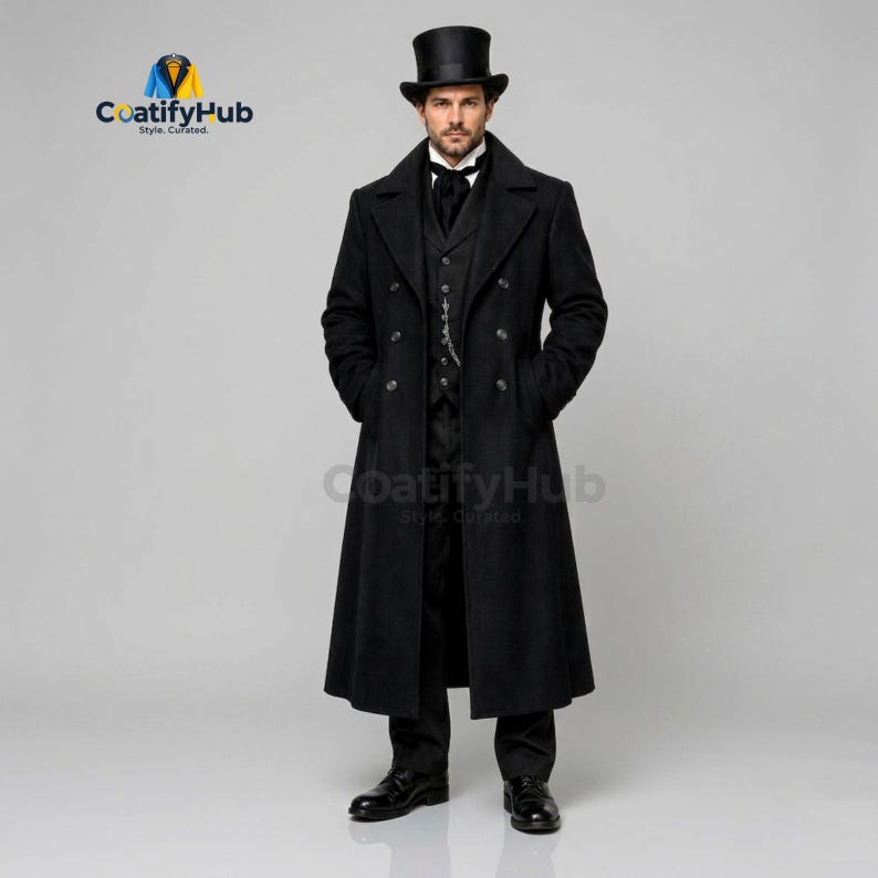 Men's Black Wool Victorian Long Coat – Double Breasted Gothic Tailcoat ...