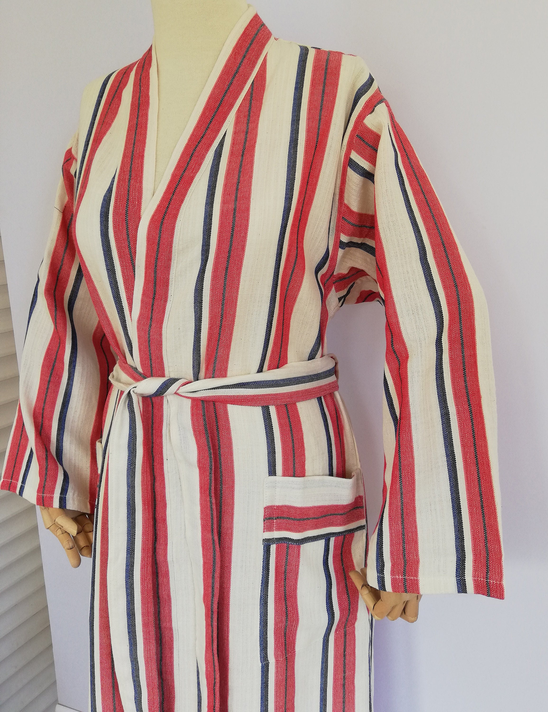 Red Striped Natural Linen Cotton Unisex Robe / Lightweight | Etsy