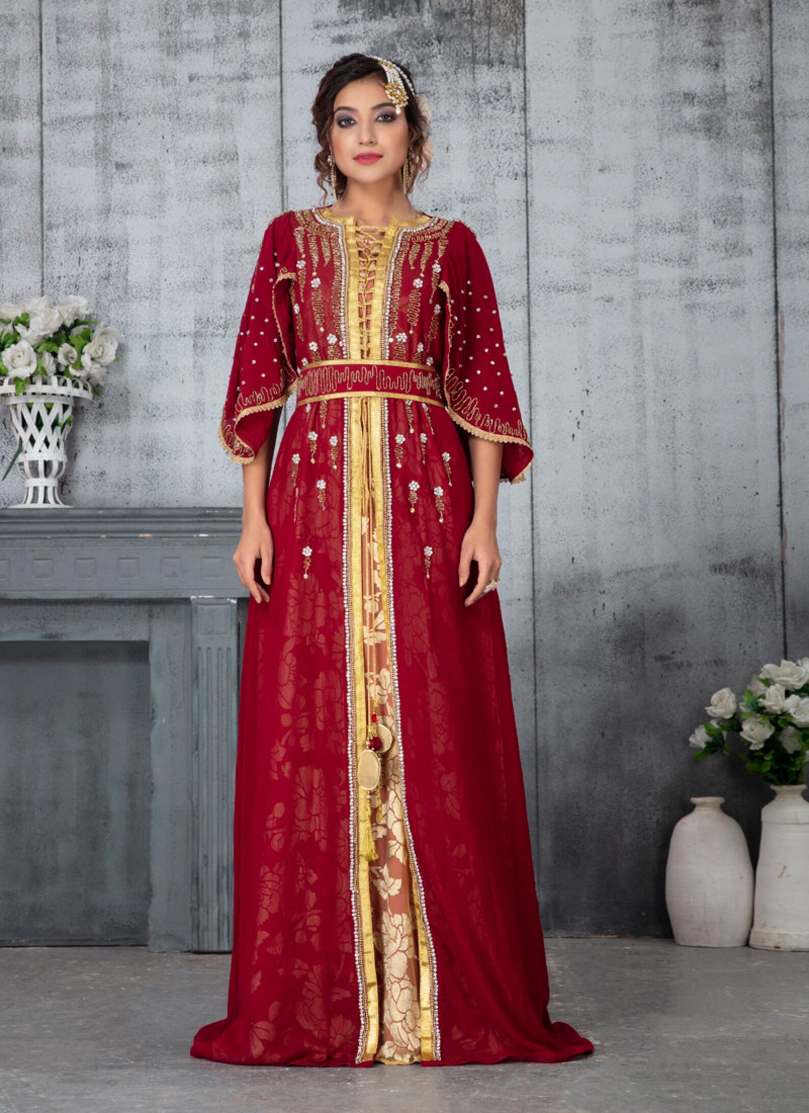 Maroon African Cape Sleeves Designer Caftan Wedding Moroccan Women ...