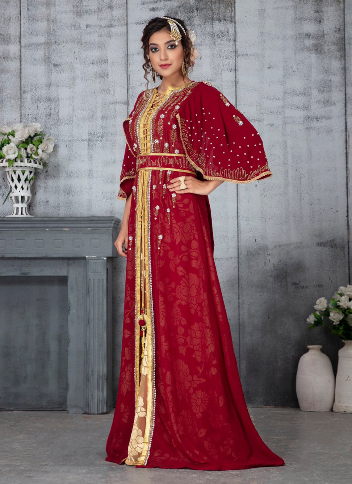 Maroon African Cape Sleeves Designer Caftan Wedding Moroccan Women ...
