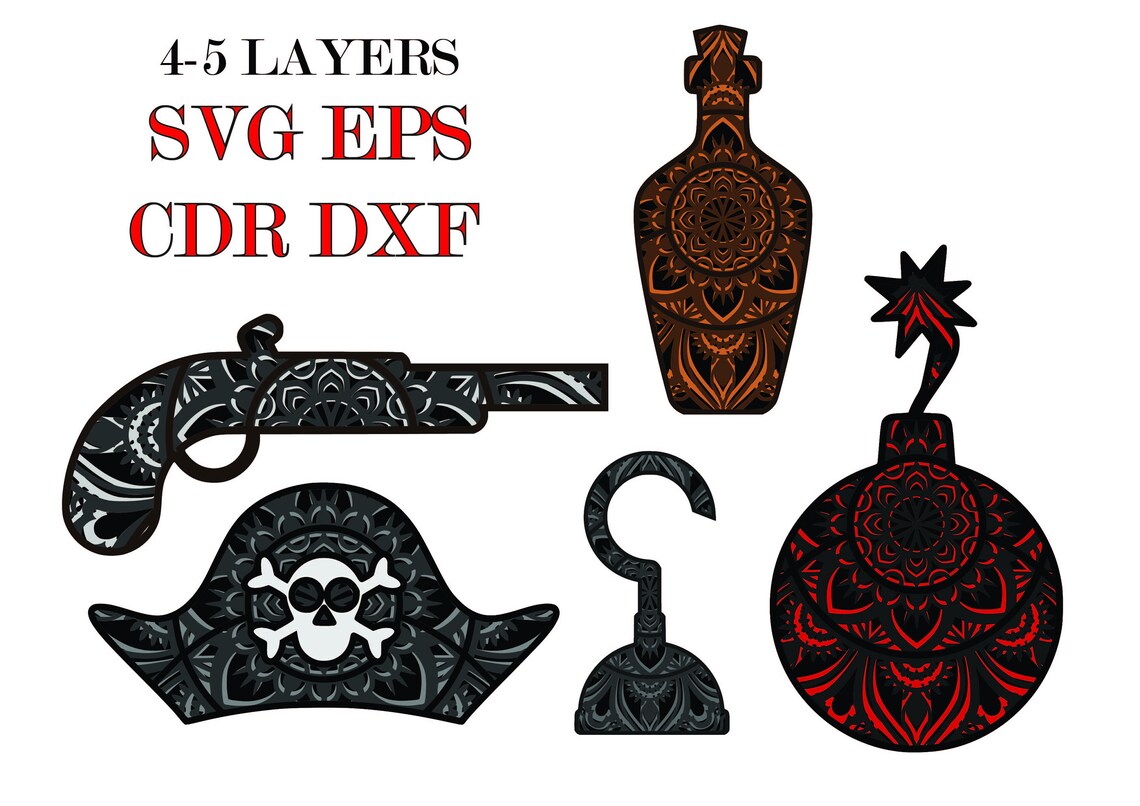 Pirate elements 3D mandala 4 5 layers Svg Eps Cdr Dxf | Etsy