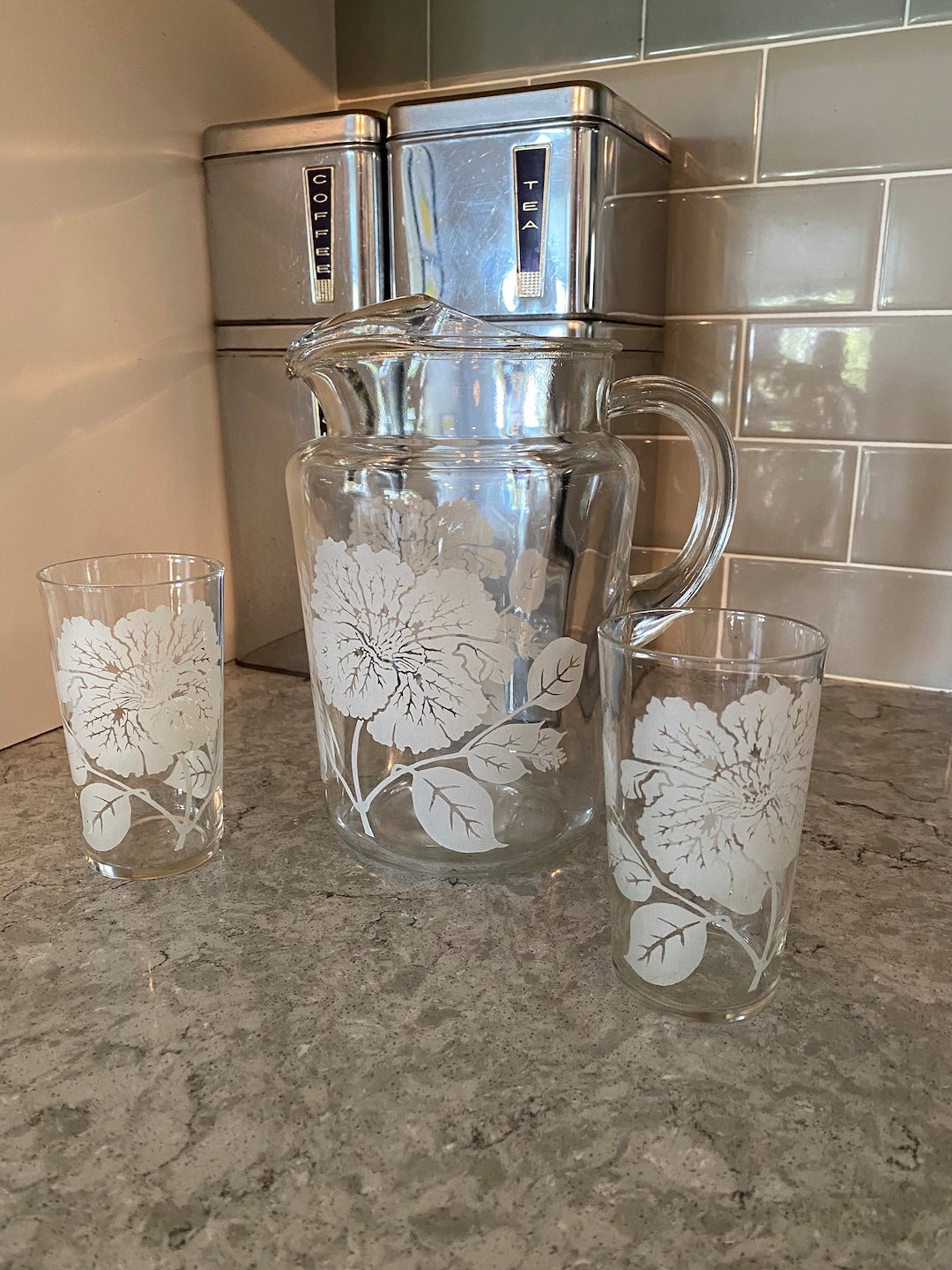 Vintage Glass Etched Pitcher and Two Matching Glasses - Etsy