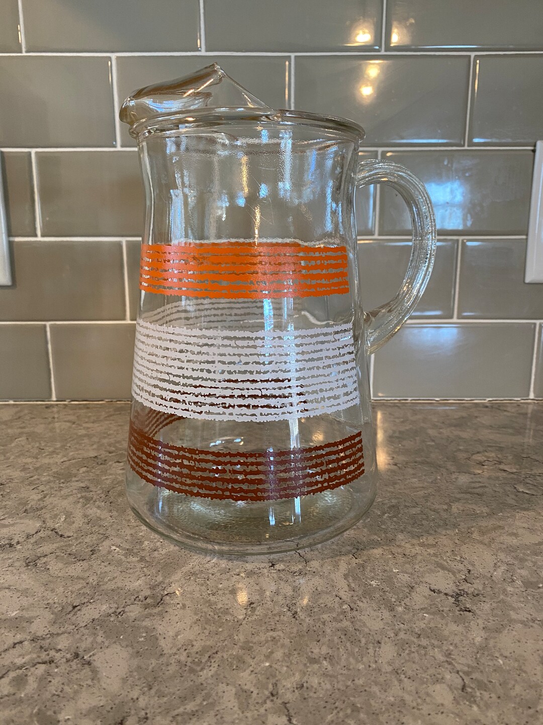 Vintage Drink Pitcher, Orange, White, Brown Stripes - Etsy