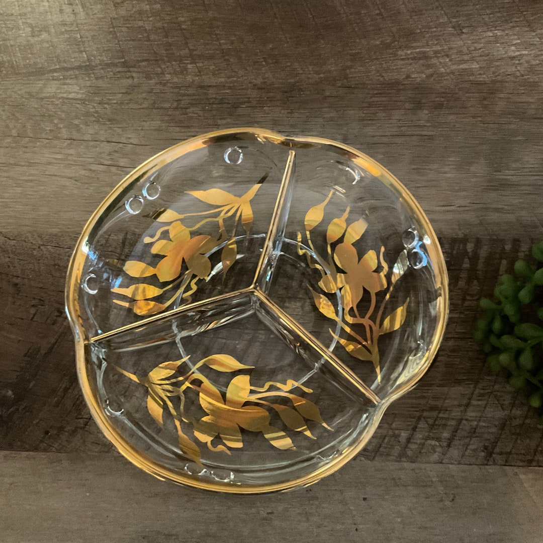 Glass 3 Divided Plate Serving With Gold Floral Leaves - Etsy