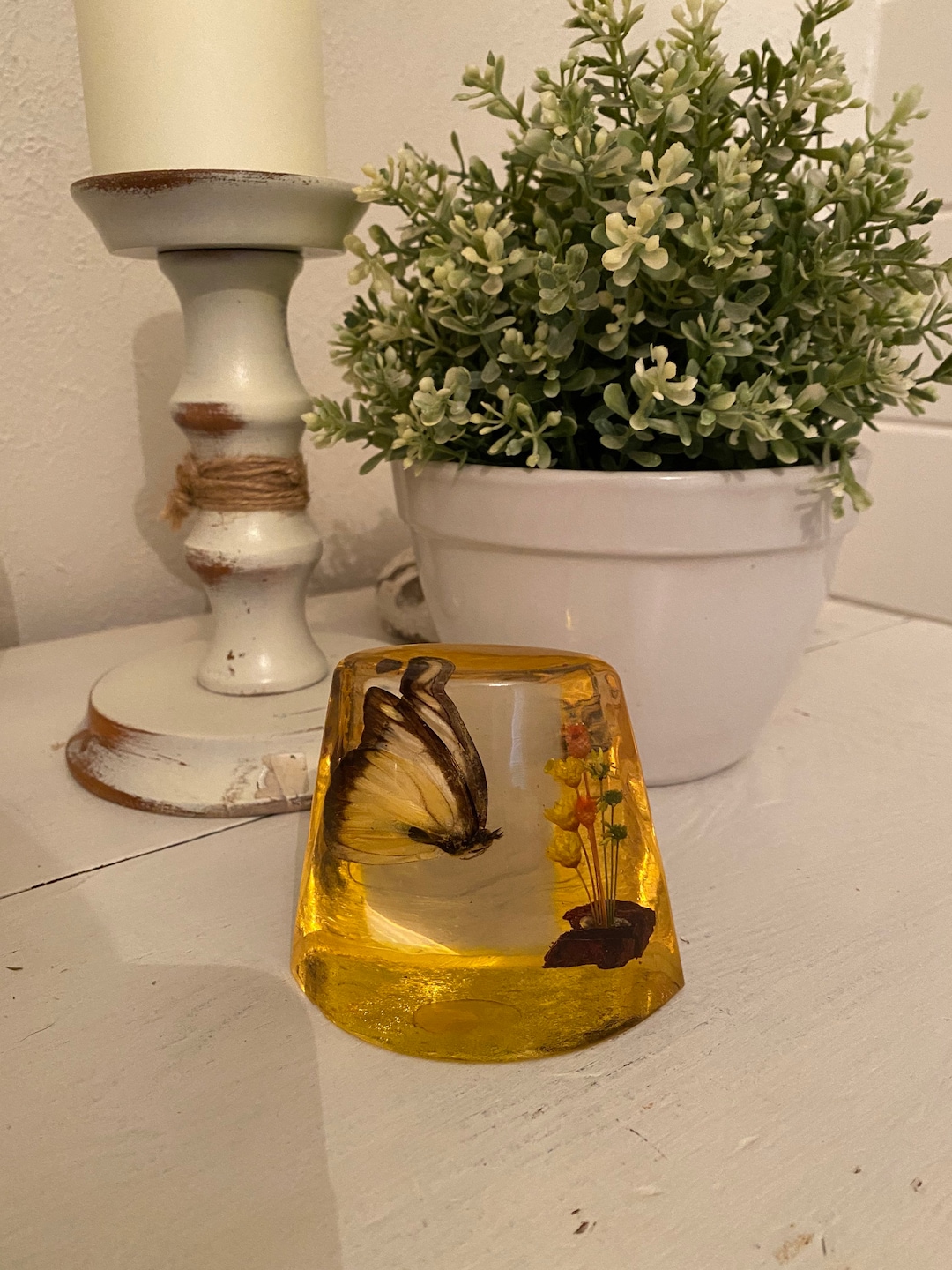 Vintage Lucite Paperweight With Butterfly and Strawflowers Abstract ...