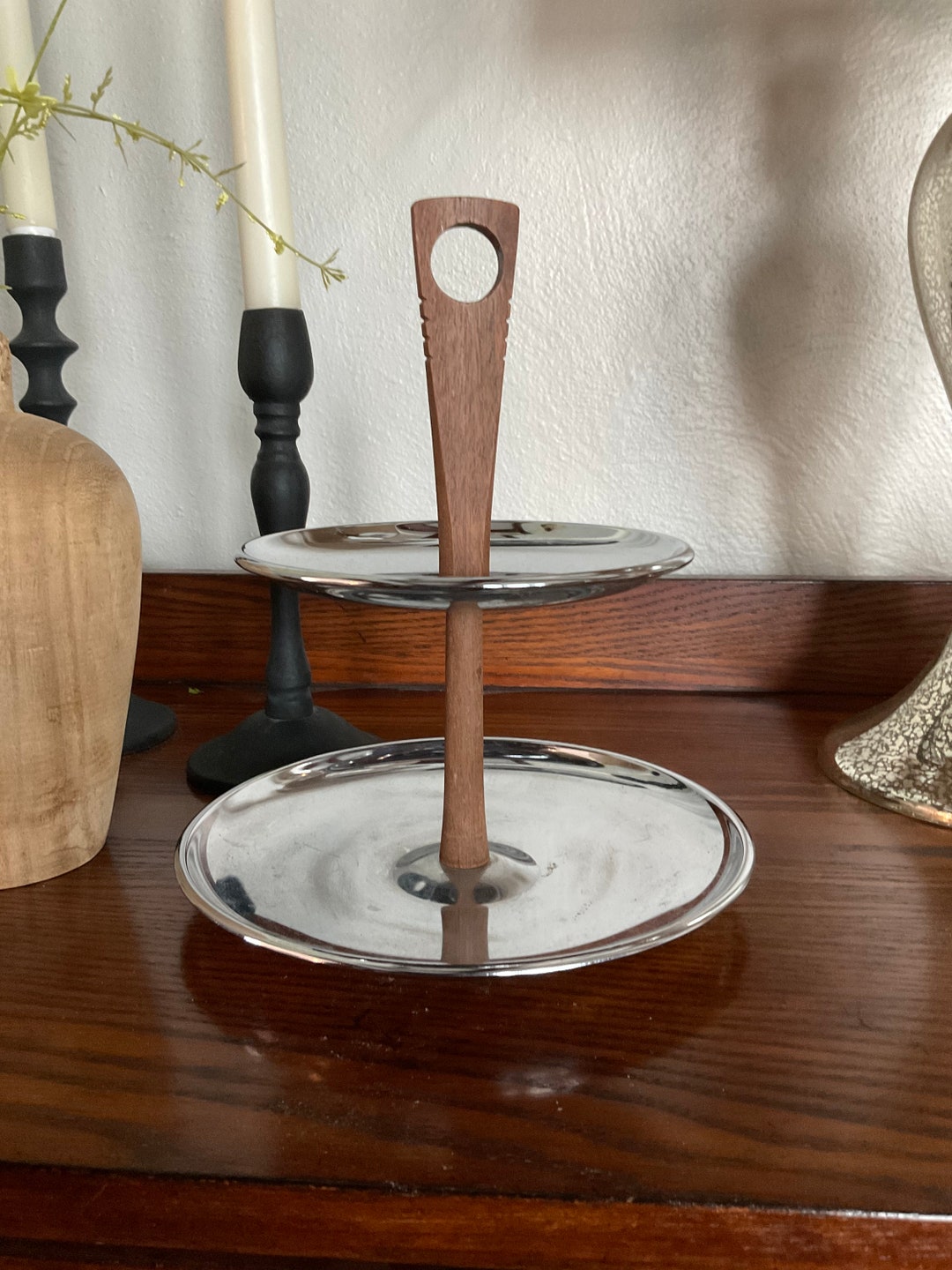 Vintage MCM Chrome Two-tier Tray With Wood Handle - Etsy