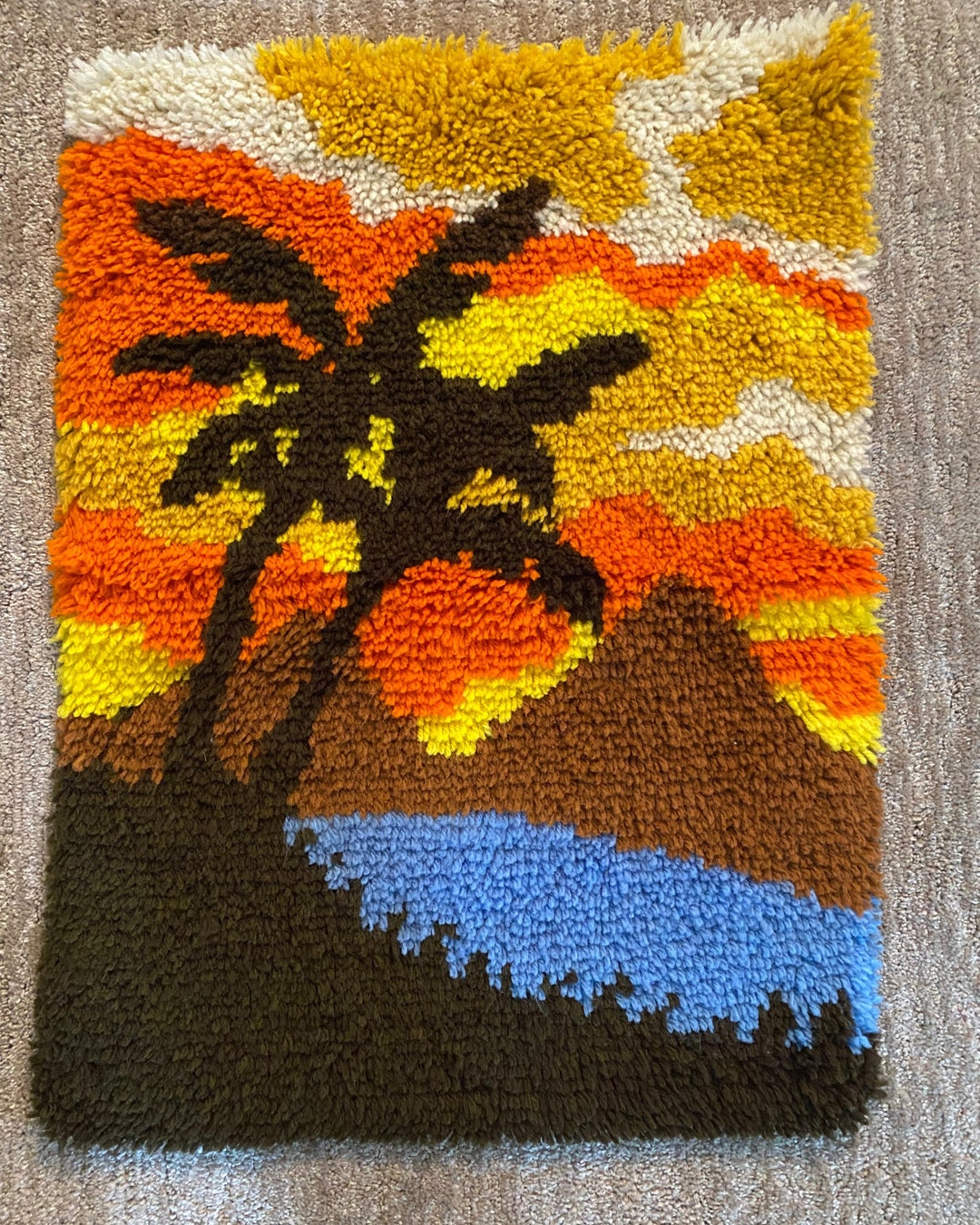 Large Vintage Latch Hook Rug With Palm Tree and Mountains and Water - Etsy