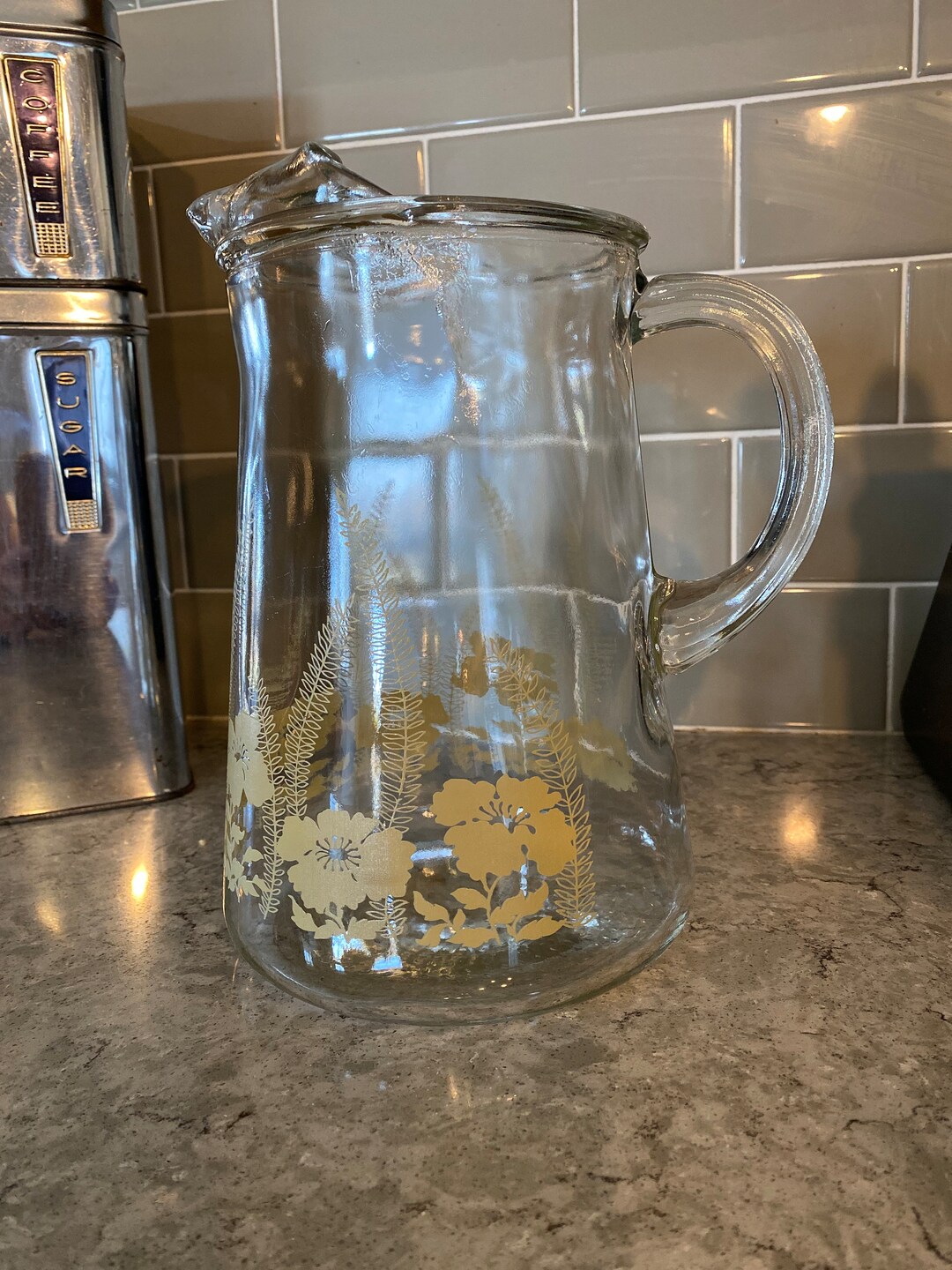Vintage Glass Floral Pitcher - Etsy