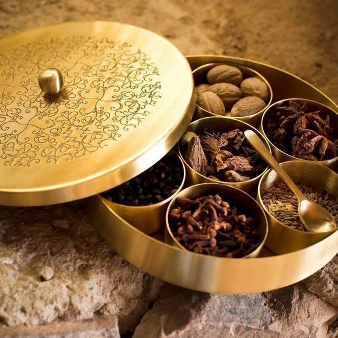 Indian Handmade Round Spice Box Brass Spice Box Kitchen - Etsy
