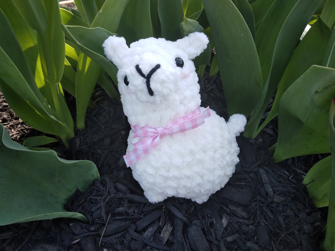 Crochet Fuzzy Llama Plush With Pink Gingham Ribbon Bow Tie | Amigurumi ...