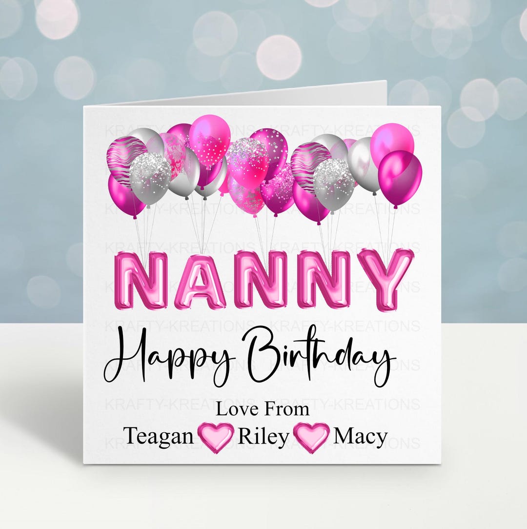 Nan Nanny Birthday Card, Balloon Design, Personalise With Names of ...