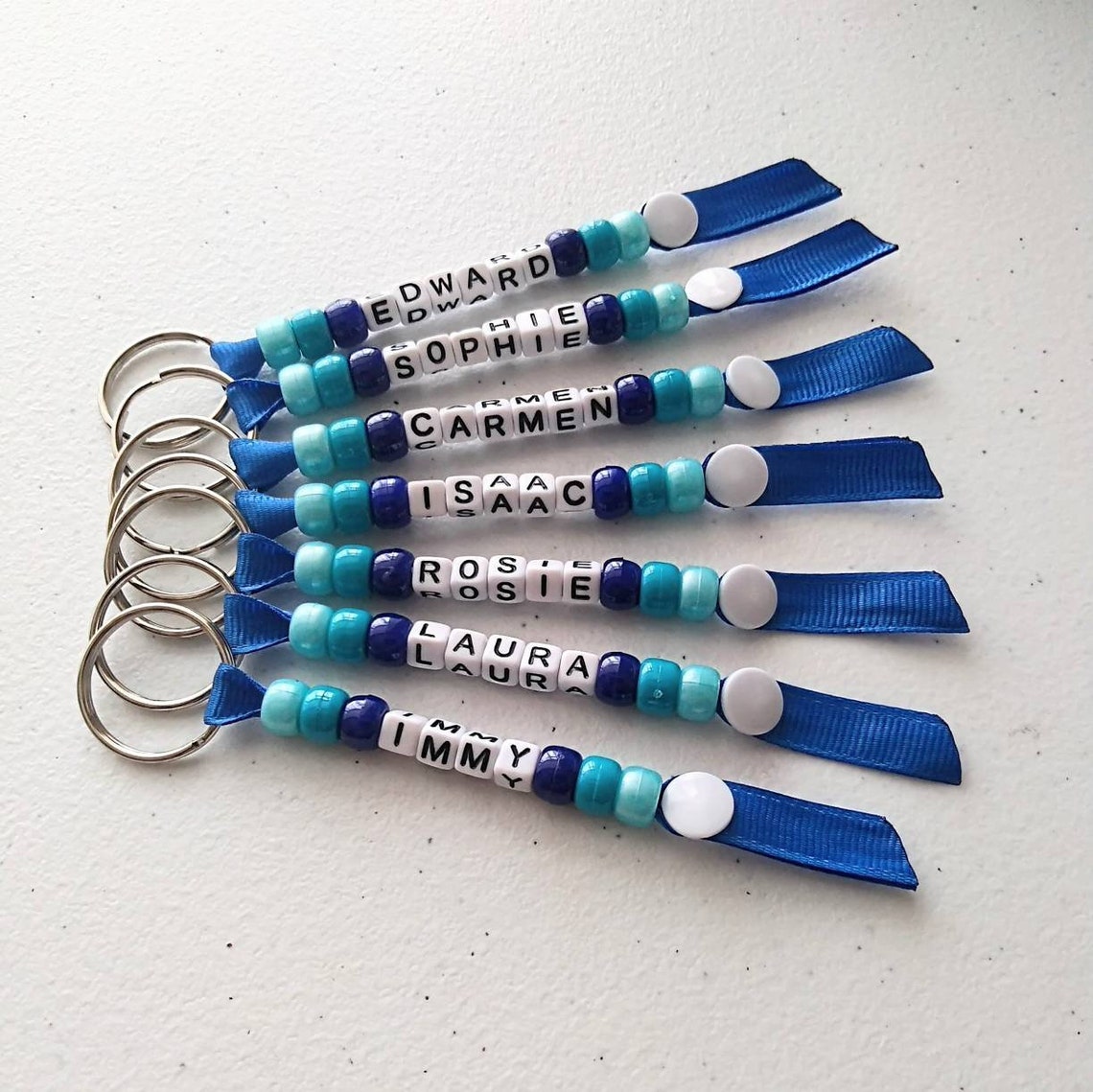 Personalised Beaded Blue Keyring, Handmade Keychain, End of Term ...