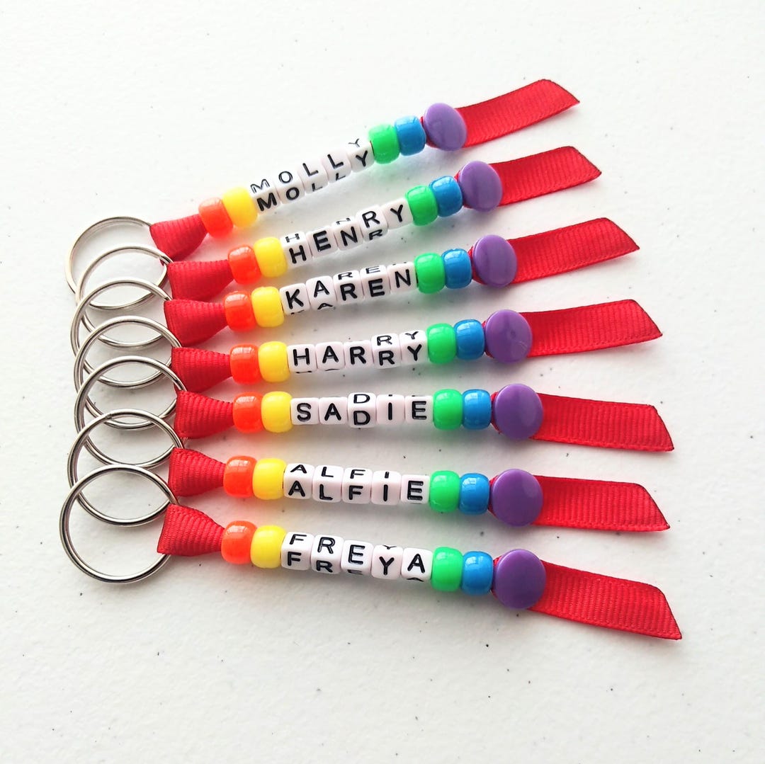 Personalised Beaded Rainbow Name Keyring: Party Favour, School Bag Tag ...