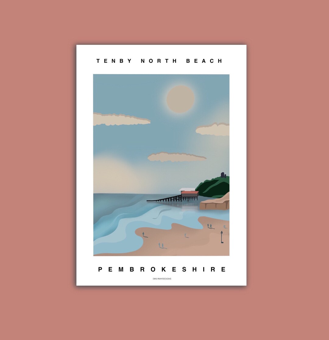 Tenby Beach Pembrokeshire Surf Print Wales Beach Coastal Illustration ...