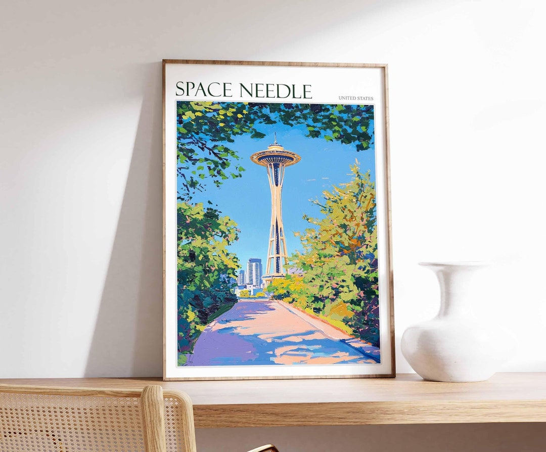 Space Needle Poster, Space Needle Travel Print, Botanical Decor, Wall ...