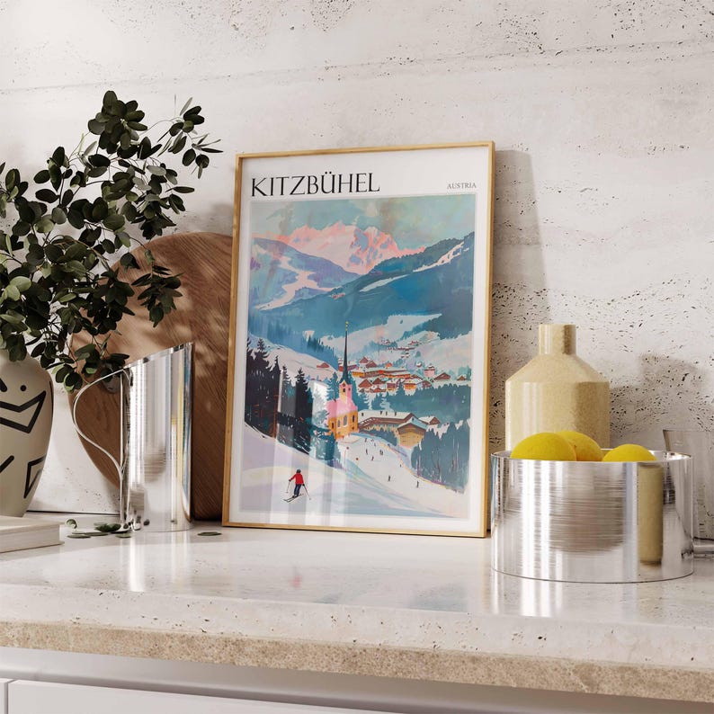 Kitzbühel Austria Poster | Ski Slope Village Mountain Landscape Print ...