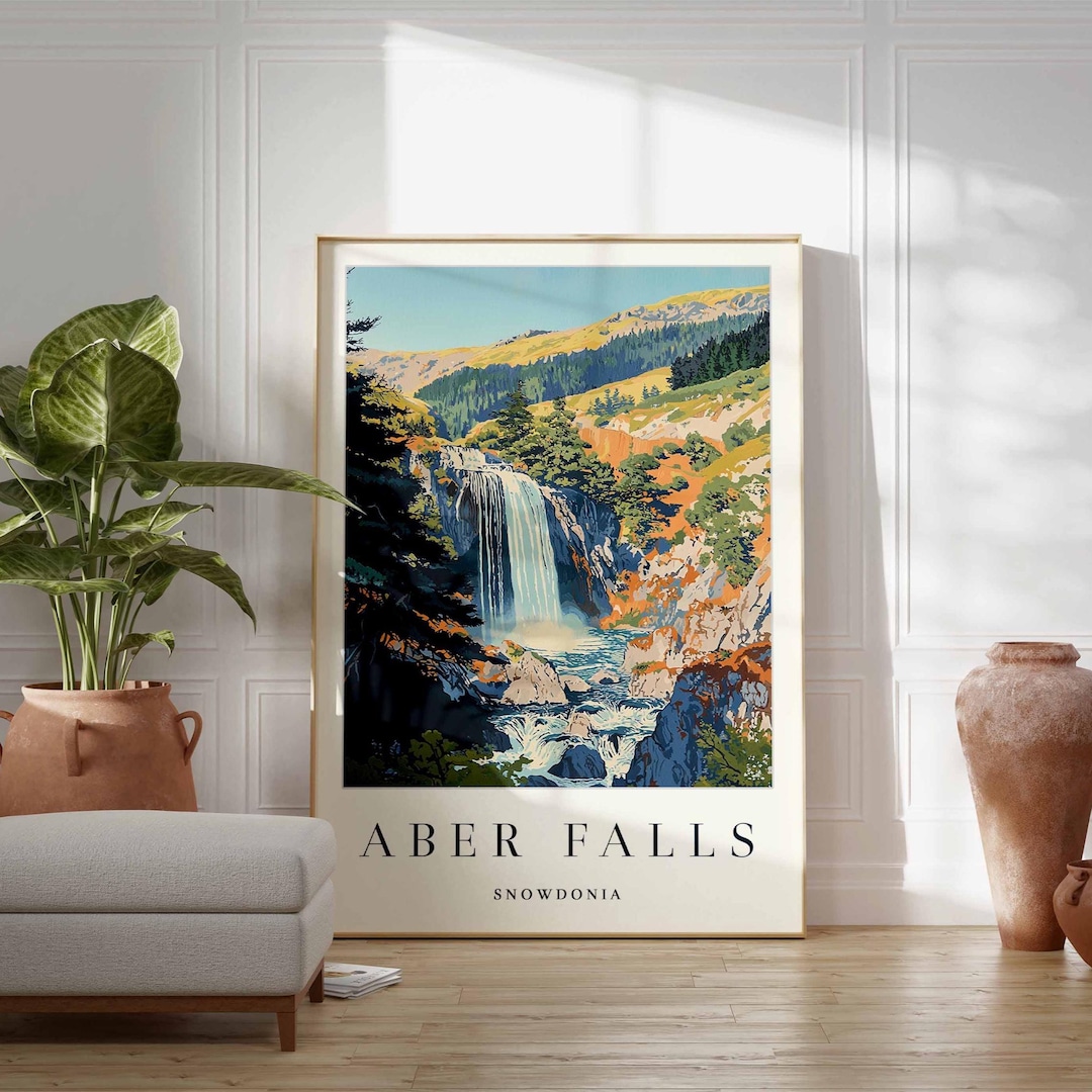 Aber Falls Poster, Snowdonia Travel Print, Wales Wall Art, Waterfall ...