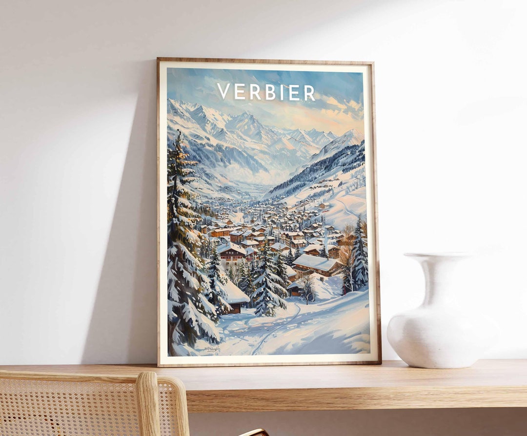 Skiing Travel Poster, Verbier Ski Print, Switzerland Travel Print ...