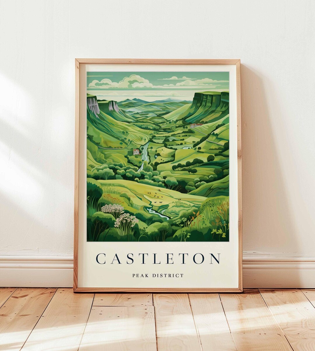 Castleton Village Print: Peak District Travel Poster, Derbyshire Wall ...
