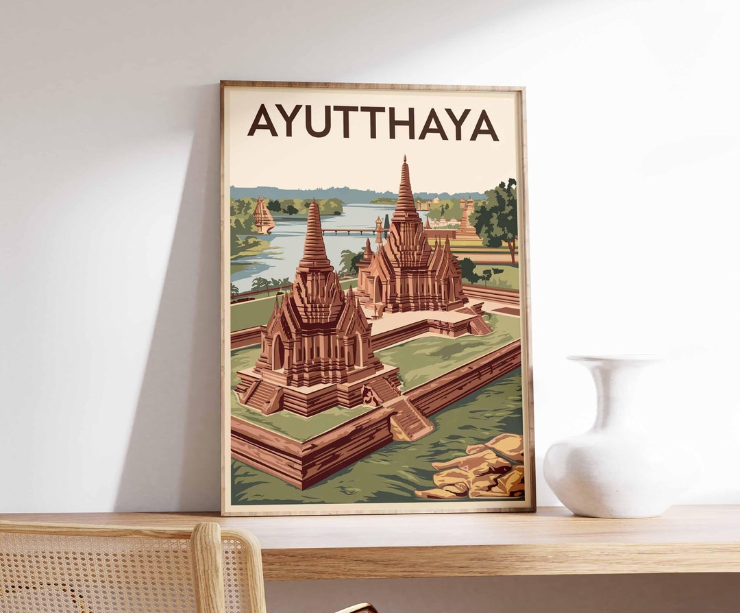 Ayutthaya Print, Southeast Asia Poster, Thailand Travel Poster, Travel Wall Decor, Retro Travel ...