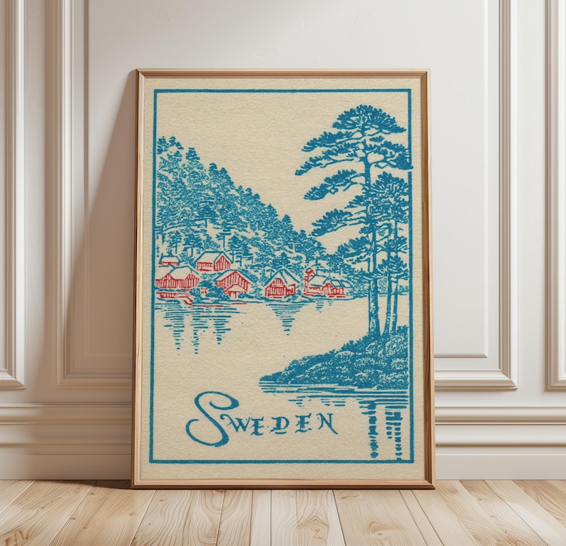 Vintage Sweden Poster Print | Scandinavian Lakeside Cabin Art | Nordic ...