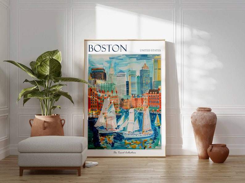 Boston Travel Poster: Historic Cityscape & Harbor Art Print - Etsy