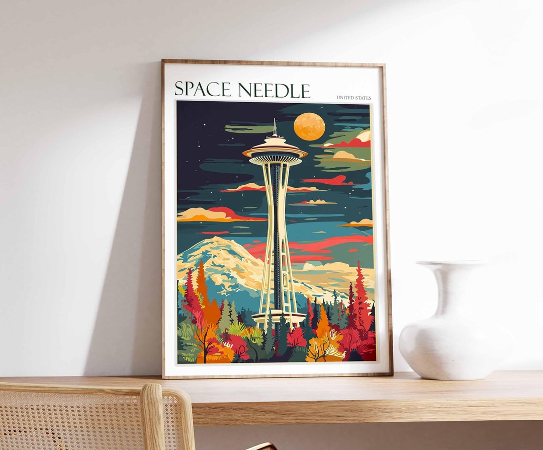 Space Needle Poster, Space Needle Travel Print, Botanical Decor, Wall ...