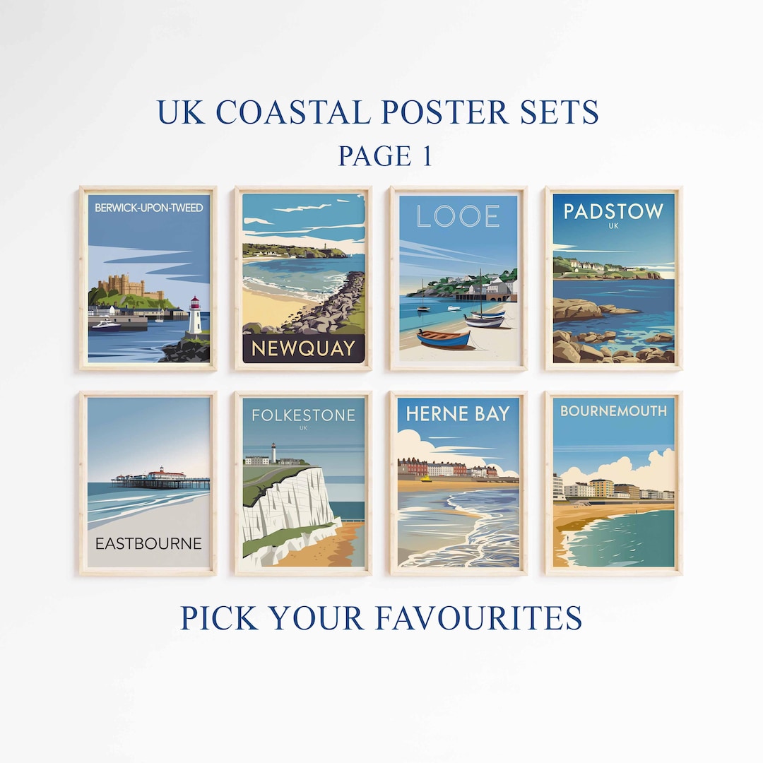 UK Coastal Travel Poster Set, Coastal Posters, Cornwall Posters ...
