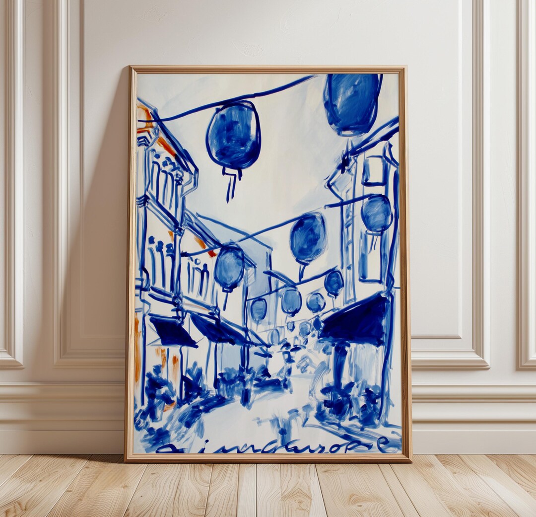 Blue Singapore Poster Print | Chinatown Lantern Street Illustration ...