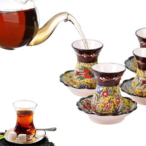 Turkish Black Tea Cup Set of 6 Handcrafted Ceramic Tile Vintage Ottoman ...