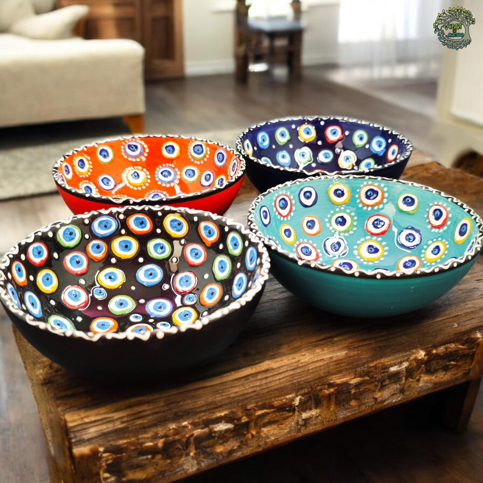 Handmade Turkish Ceramic Evil Eye Bowl Set | Colorful Mediterranean ...