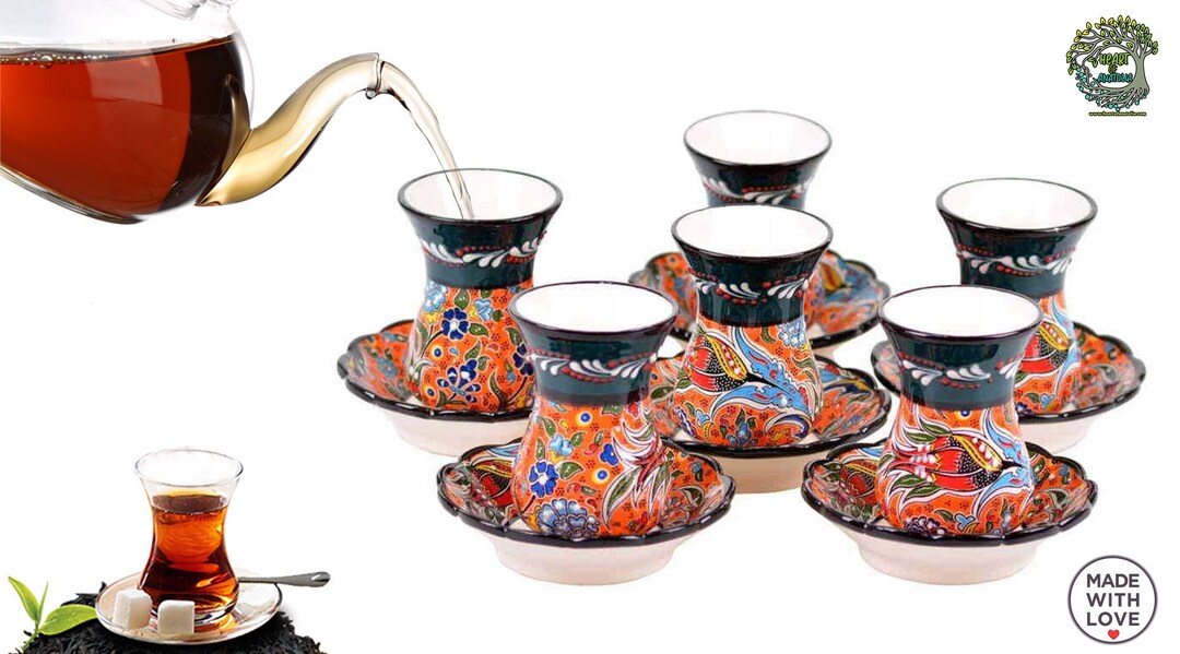 6x Turkish Tea Cup and Saucer Set, Beautiful Floral Cute Ceramic Royal ...