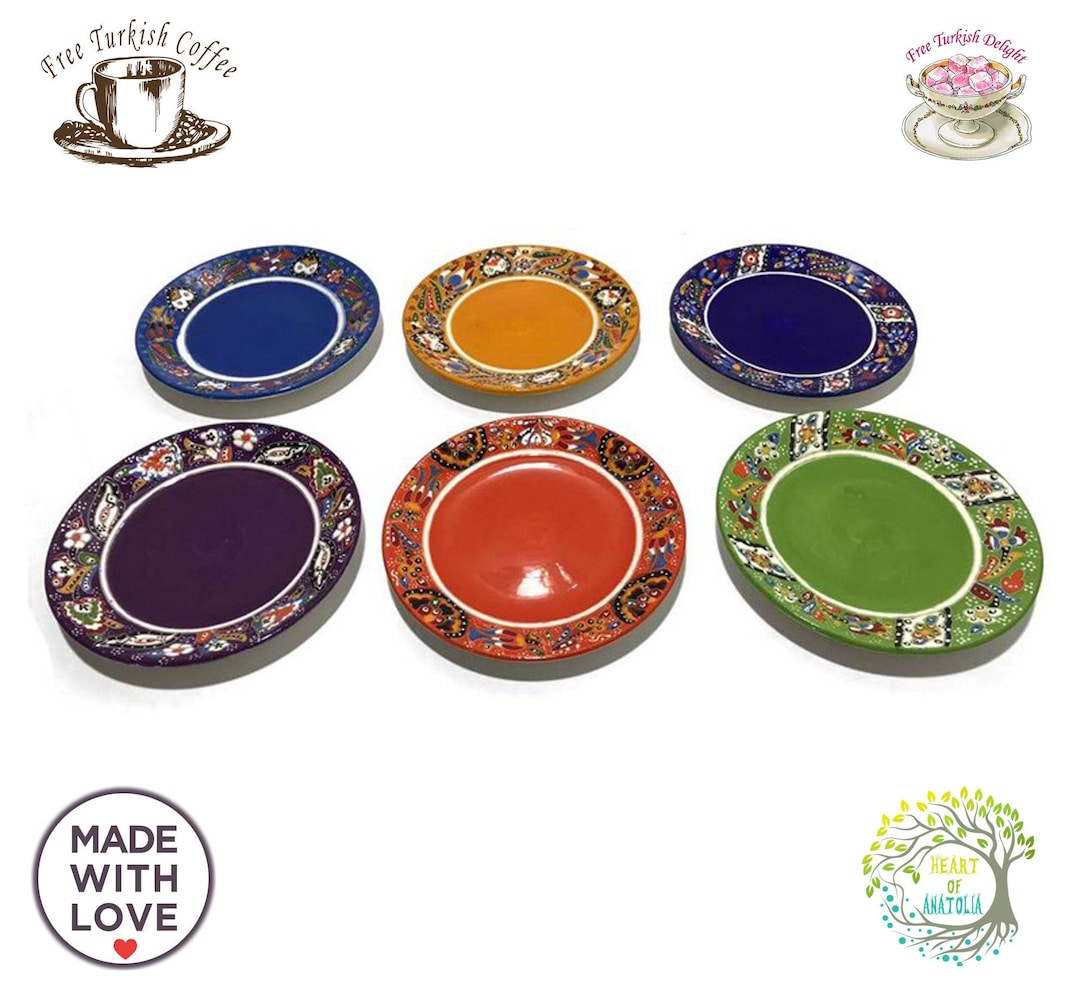 Set of 6 Ceramic Dessert Cake Serving Plates Colorfull Handmade ...