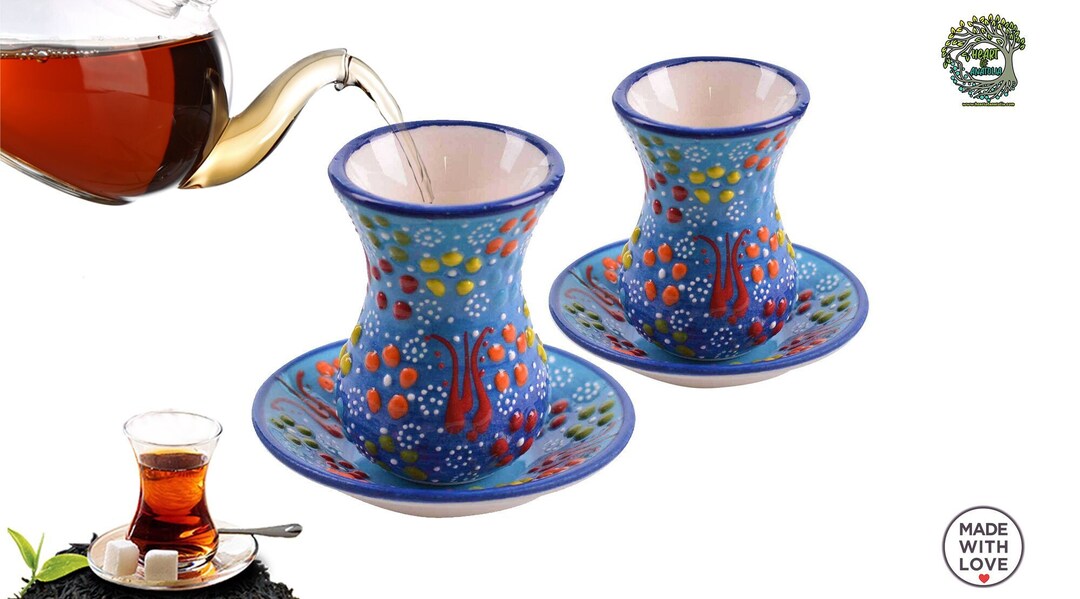 8 Pieces Tea Set 4 Cups 4 Saucers Handmade Turkish Ceramic Tile Hot Tea ...