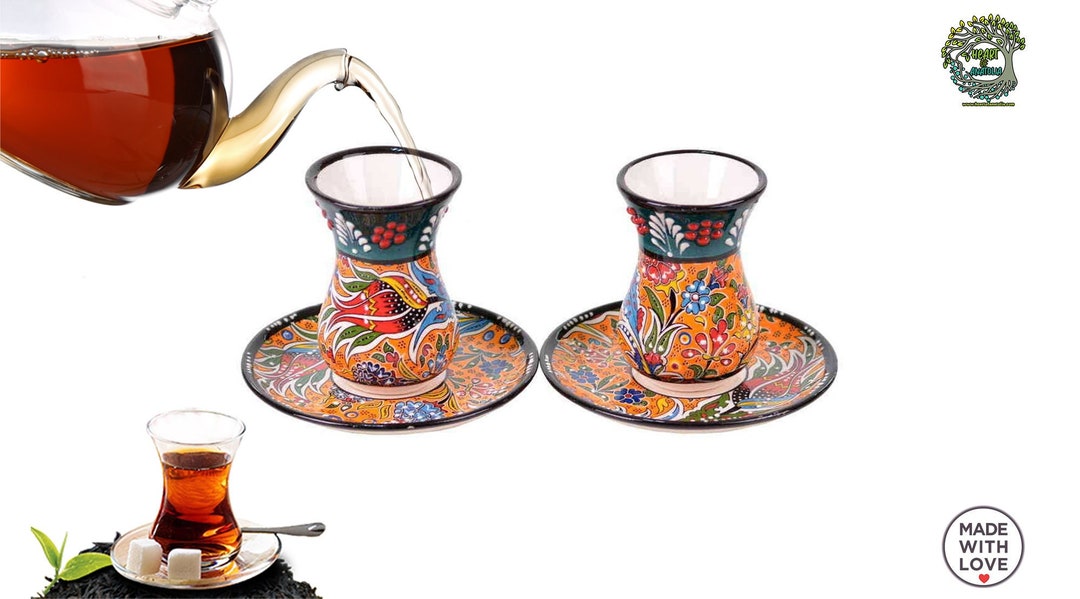 Handcrafted Turkish Ceramic Tea Cups Saucers Set of 2 Unique Etnic ...