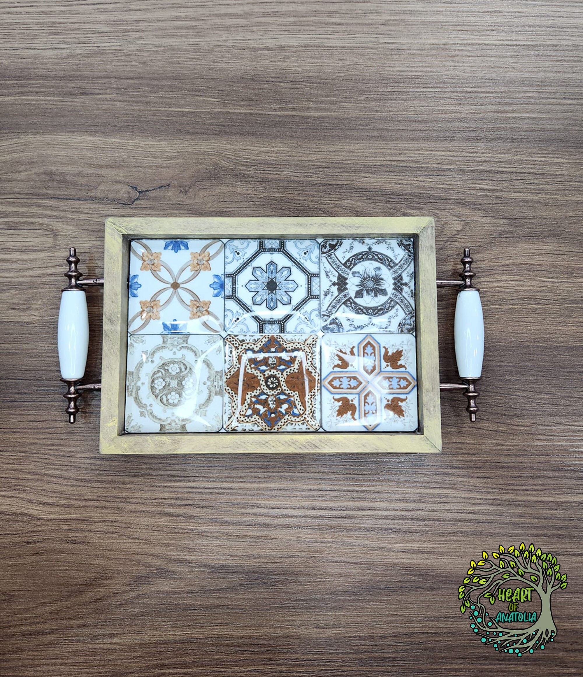 Handmade Ceramic Tile Tray | Wood Serving Board With Handles - Etsy