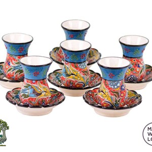 Turkish Black Tea Cup Set of 6 Handcrafted Ceramic Tile Vintage Ottoman ...