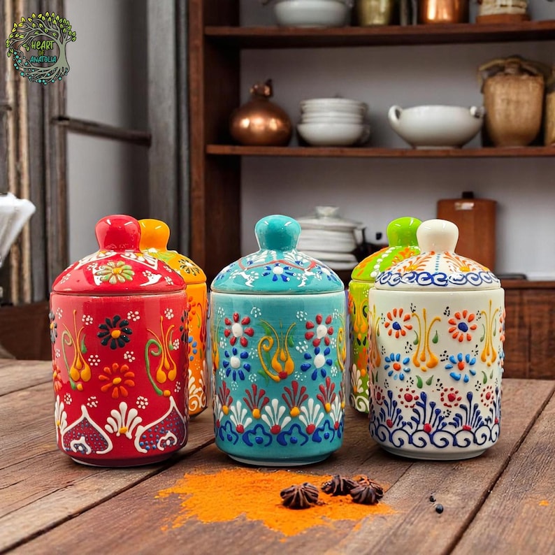 Handmade Ceramic Spice Jars With Lid | Turkish Kitchen Decor - Etsy