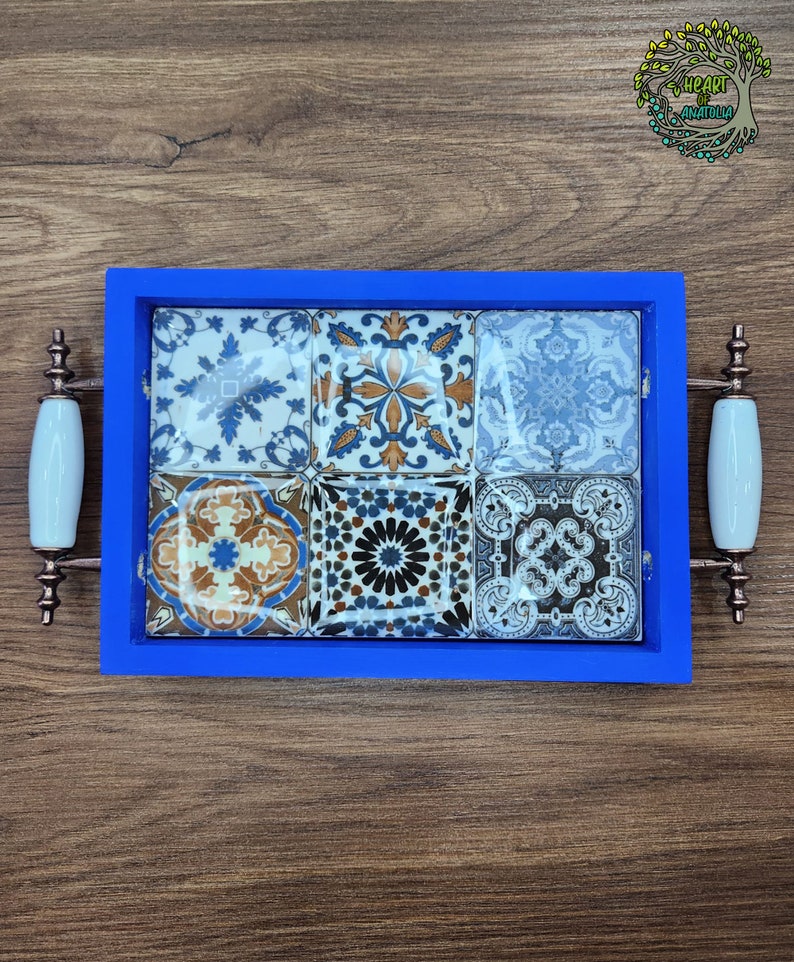 Handmade Ceramic Tile Tray | Wood Serving Board With Handles - Etsy