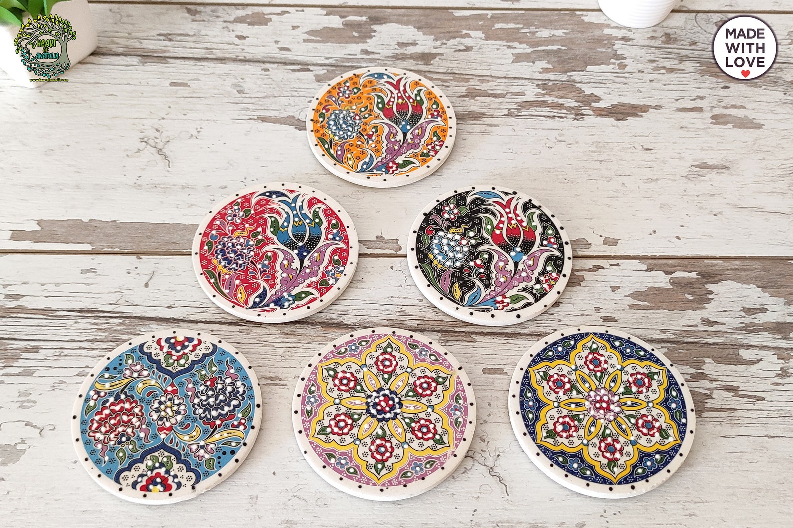 Handmade Ceramic Coaster Set | Engraved Turkish Tile - Boho Table Decor ...