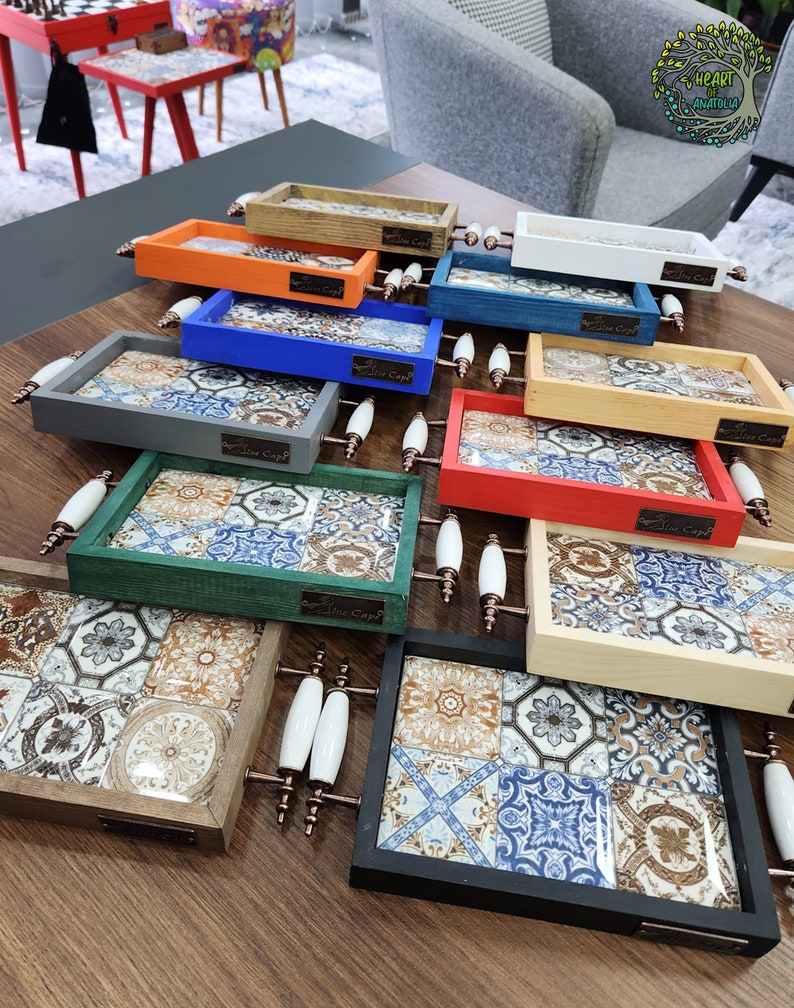 Handmade Ceramic Tile Tray | Wood Serving Board With Handles - Etsy