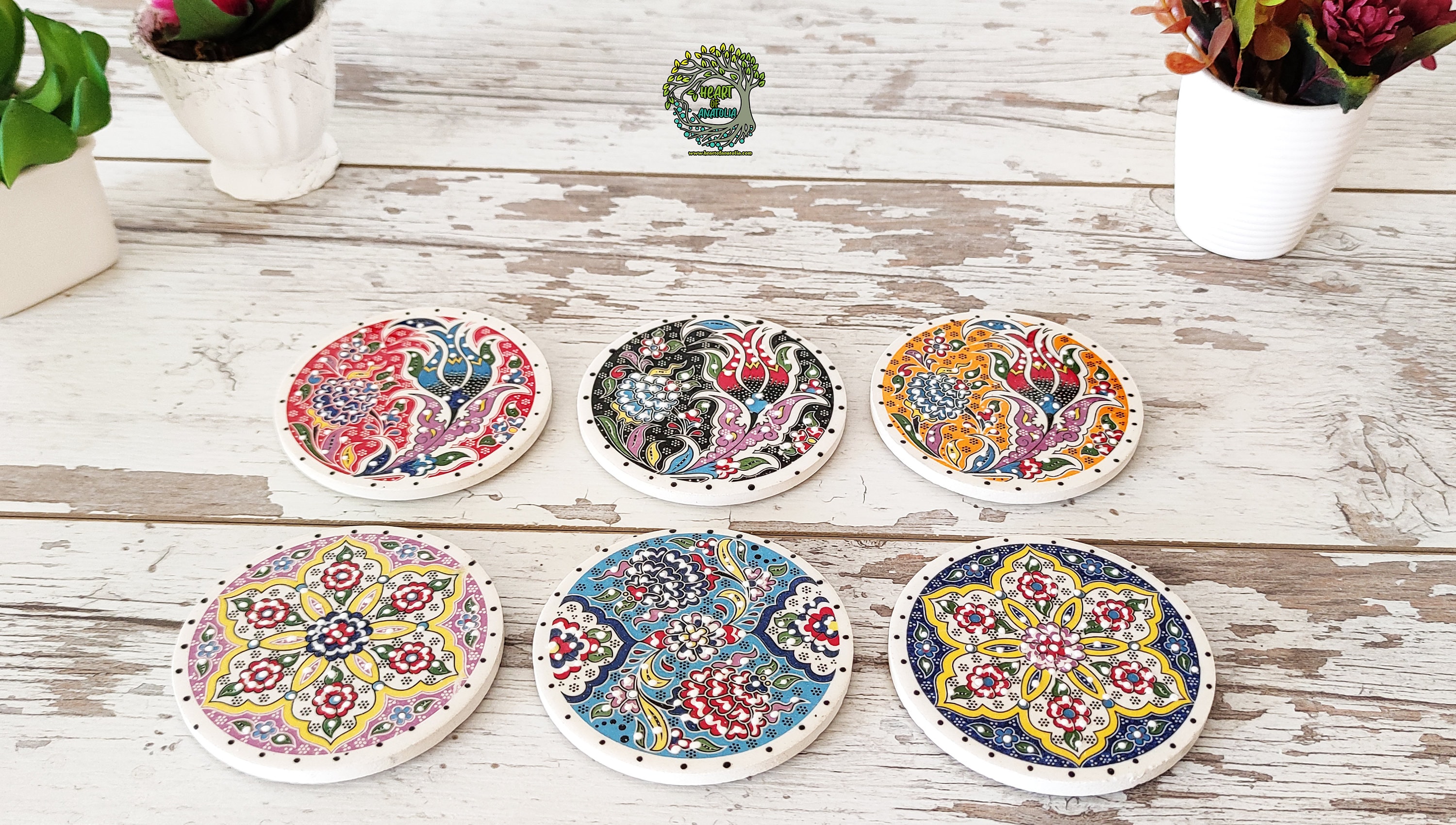 Handmade Ceramic Coaster Set | Engraved Turkish Tile - Boho Table Decor ...