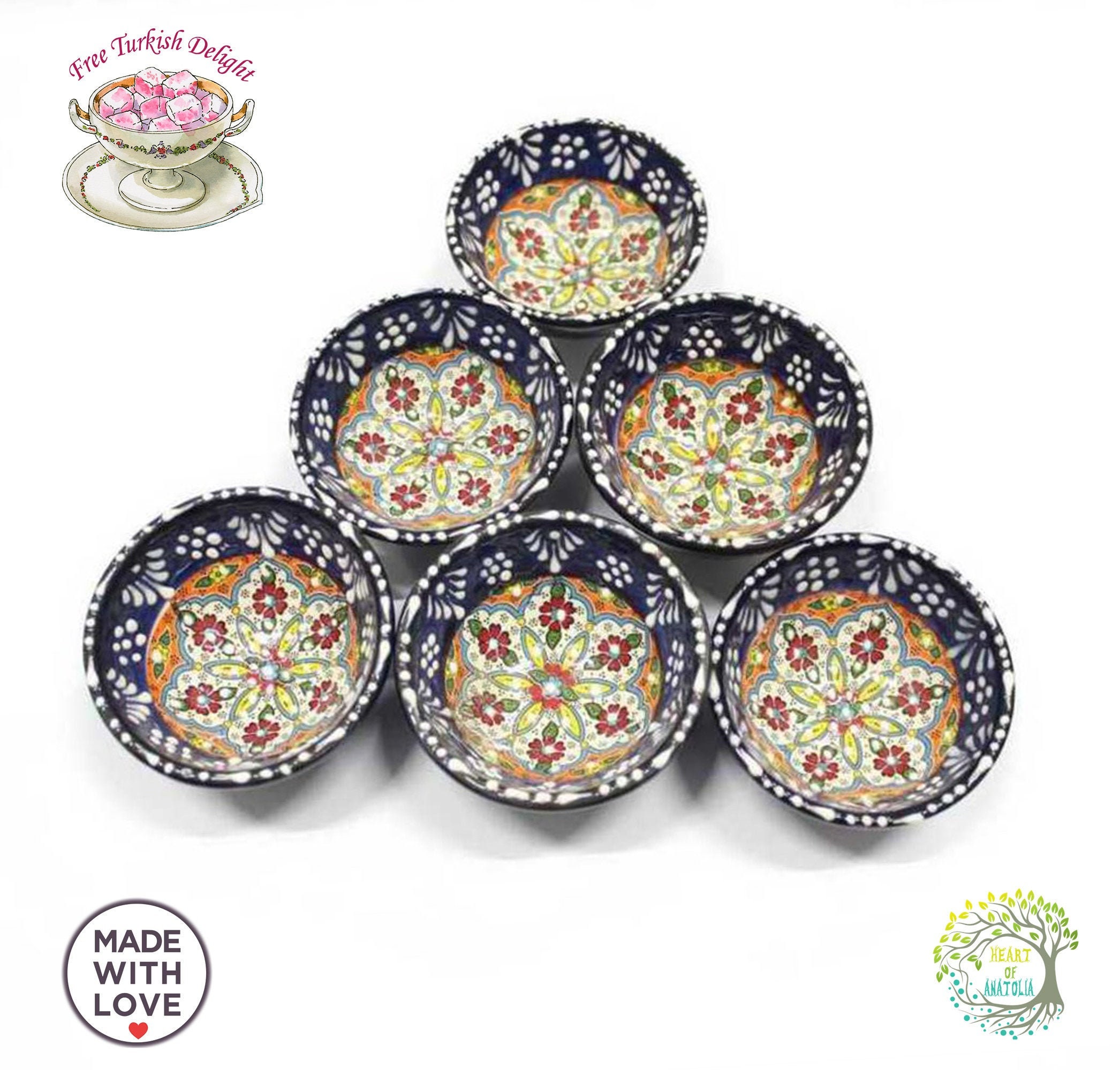 6x Turkish Ceramic Bowls Set 3.2 Floral Embroidered | Etsy