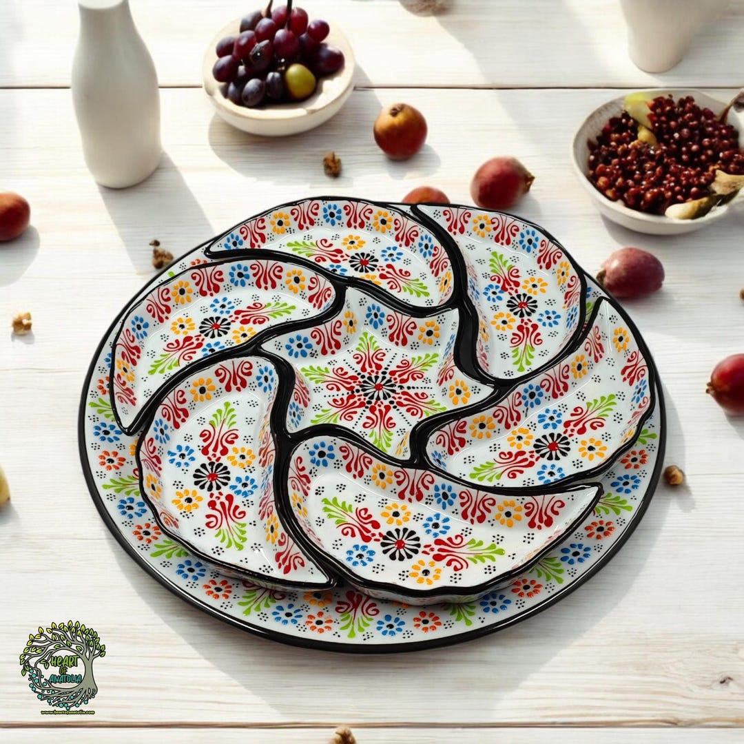 Handmade Ceramic Serving Set: Floral Pinwheel Platter, Turkish Pottery ...